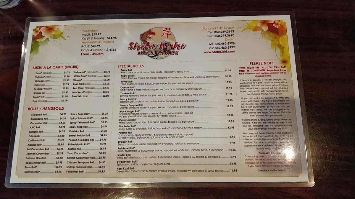 Menu at Shan Kishi - Panama City Beach restaurant, Panama City Beach