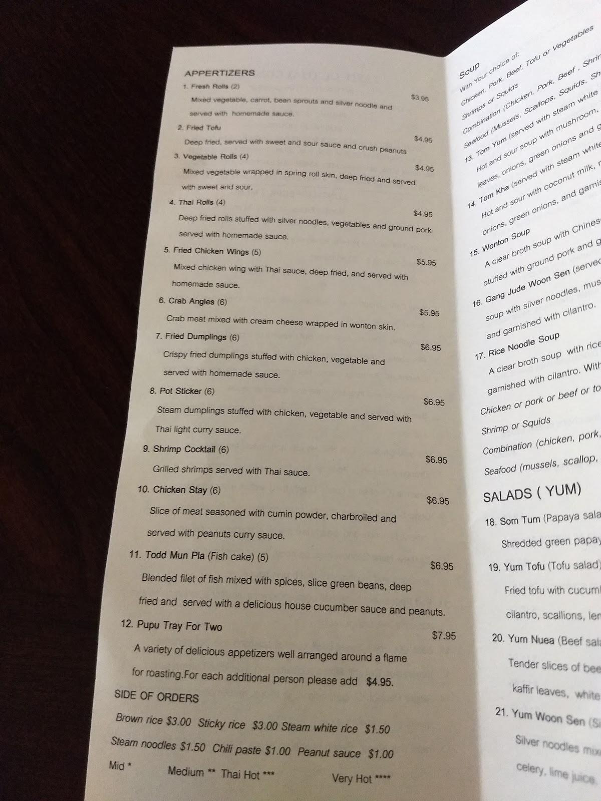 Menu at Taste of Thai Cuisine restaurant, Roswell