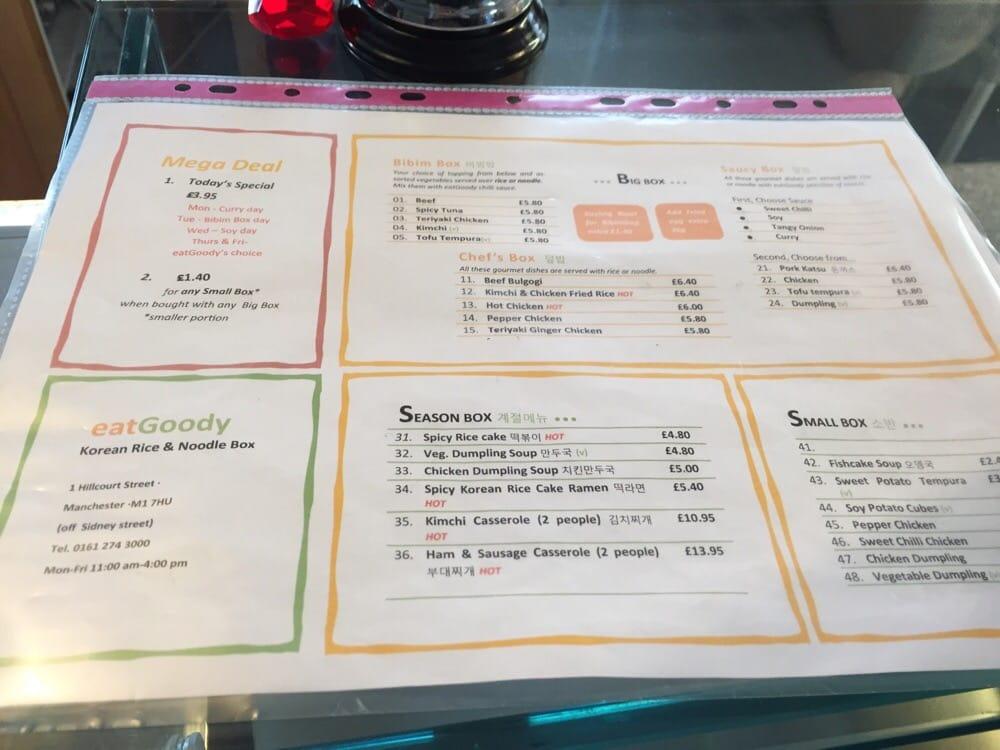 Menu at eatGOODY restaurant, Manchester, 1 Hillcourt St