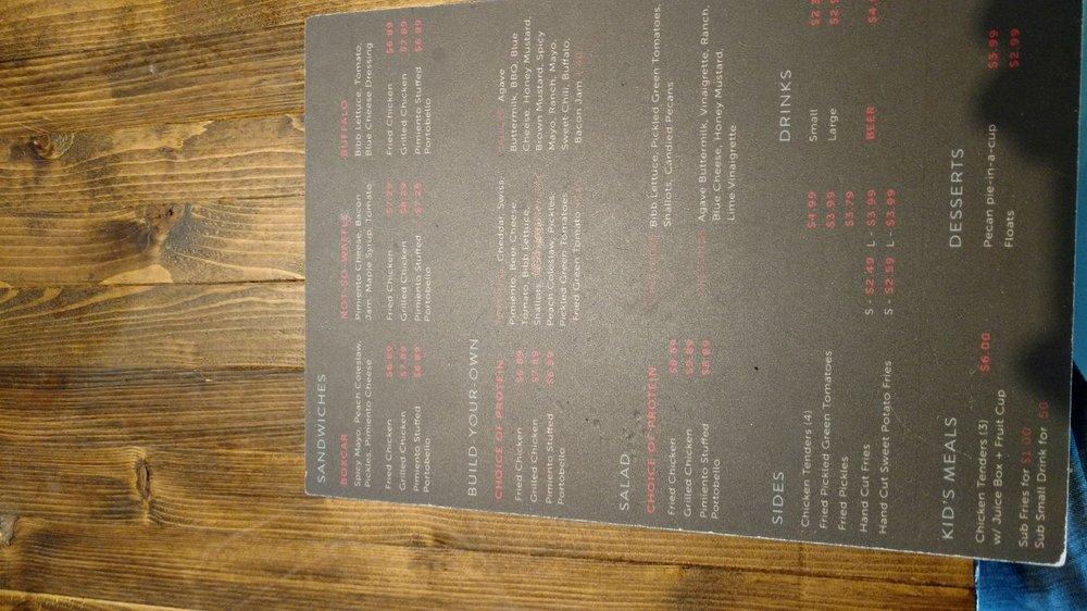 Menu at Boxcar Betty's restaurant, North Charleston