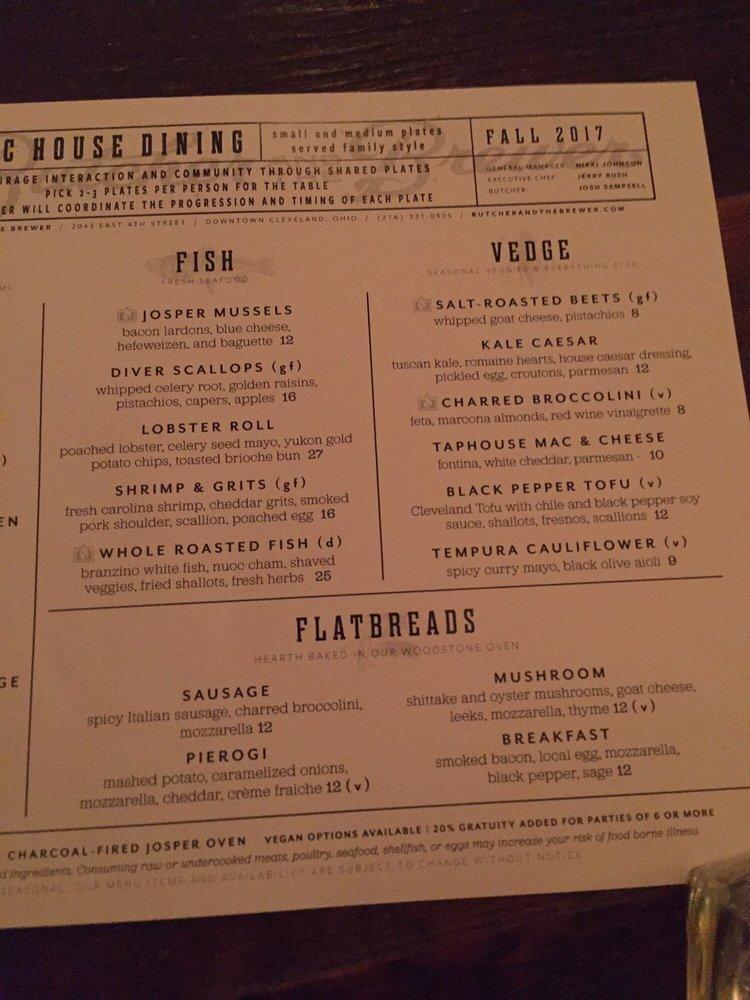 Menu at Butcher and the Brewer pub & bar, Cleveland