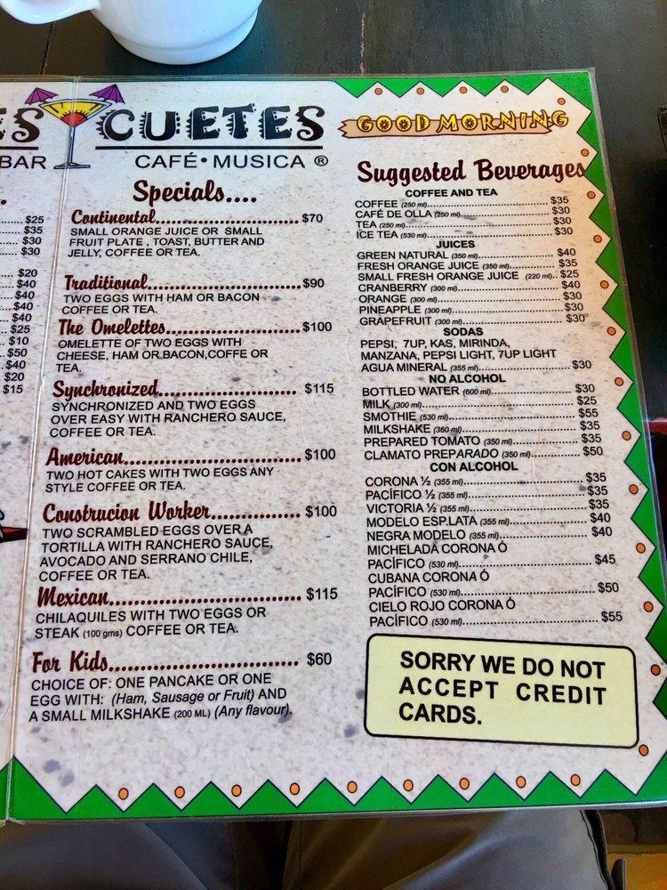 Menu at Cuates y Cuetes restaurant, Puerto Vallarta