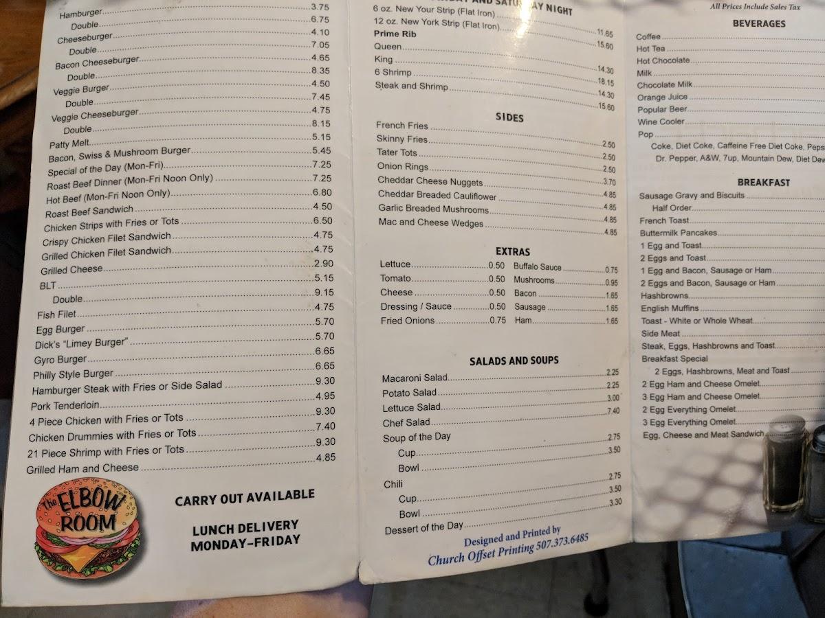 Menu at Elbow Room restaurant, Albert Lea