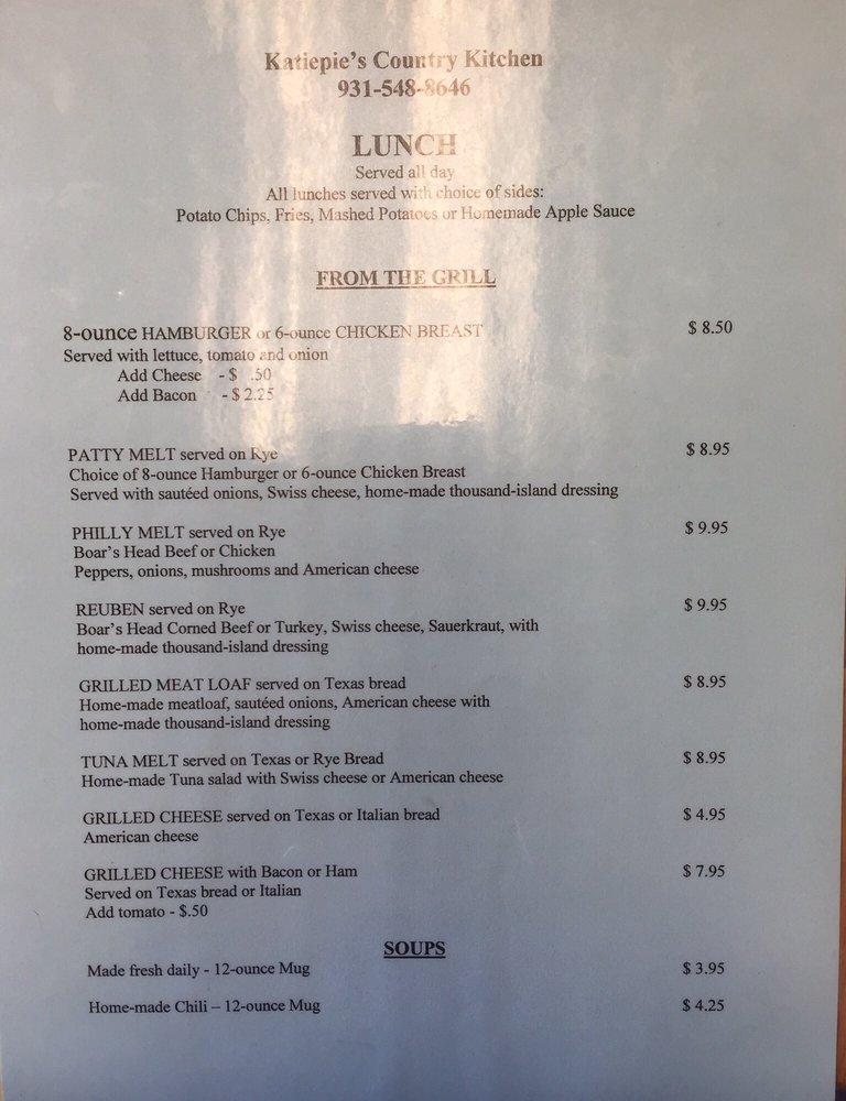 Menu at Katiepie's Country Kitchen cafe, Columbia