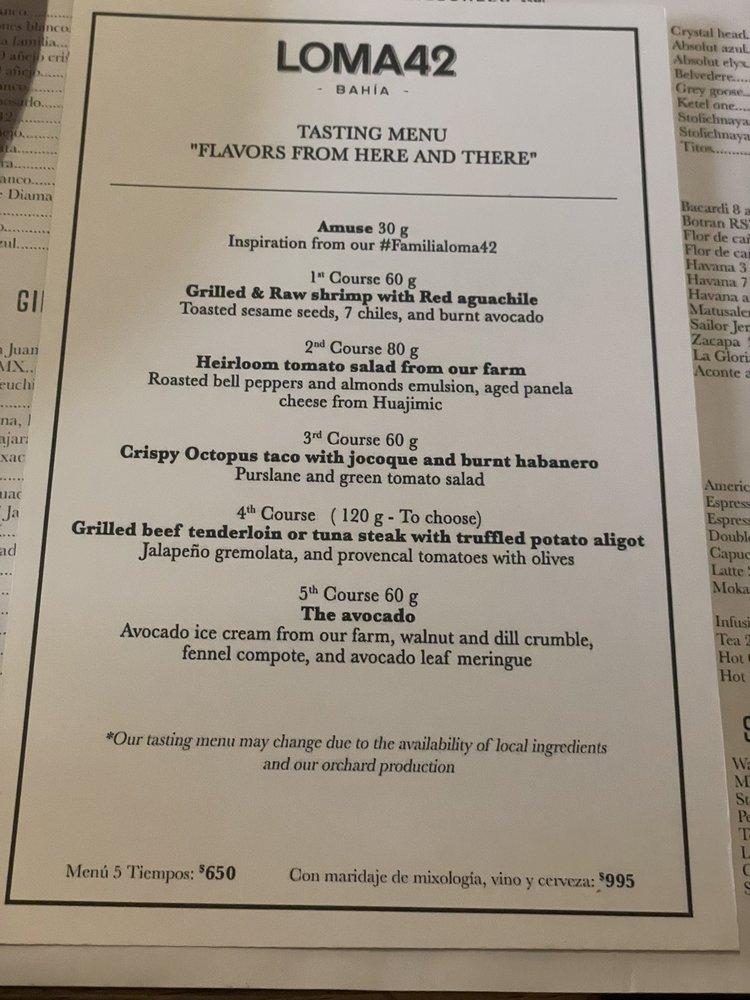 Menu at LOMA 42 BAHIA restaurant, Nuevo Vallarta