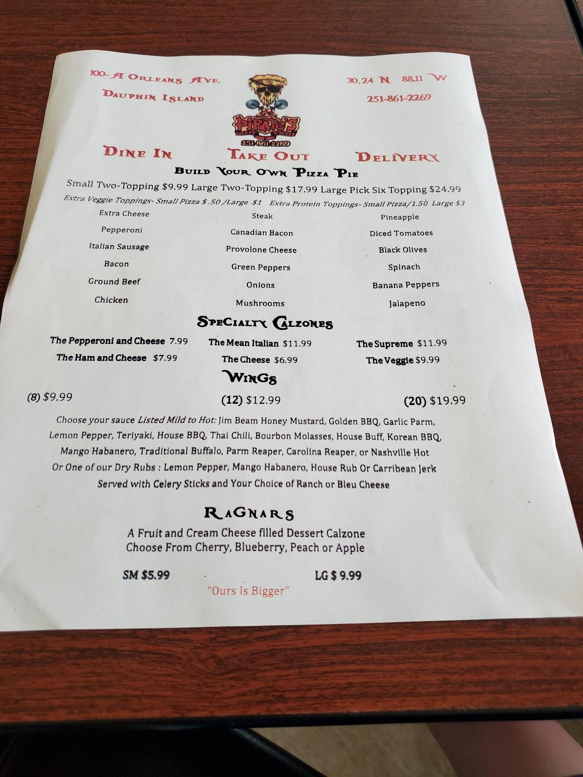Menu at Pirate's Pizza and Wings pizzeria, Dauphin Island