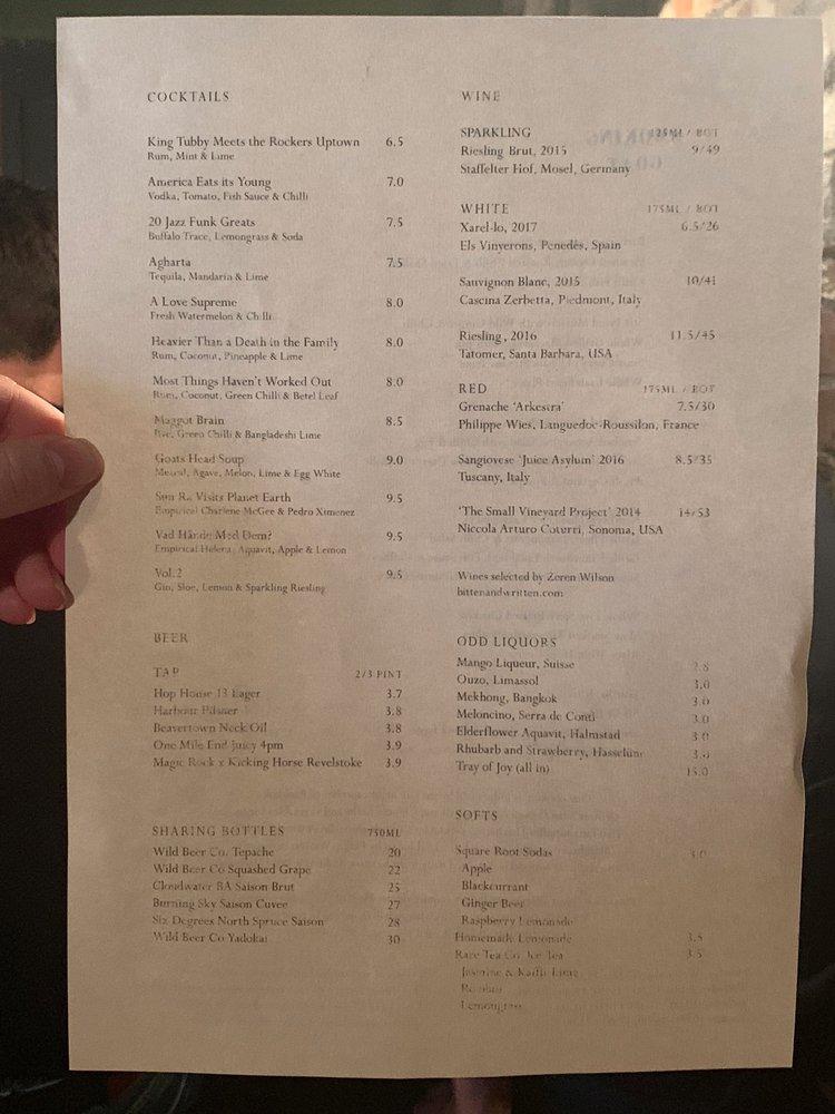 Menu at Smoking Goat Shoreditch pub & bar, London, 64 Shoreditch High St
