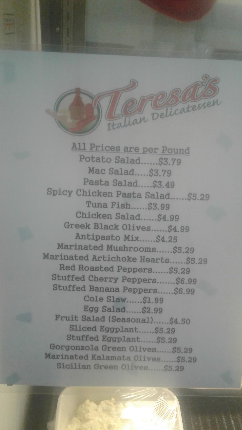 Menu at Teresa's Italian Deli pizzeria, Erie, Greengarden Blvd