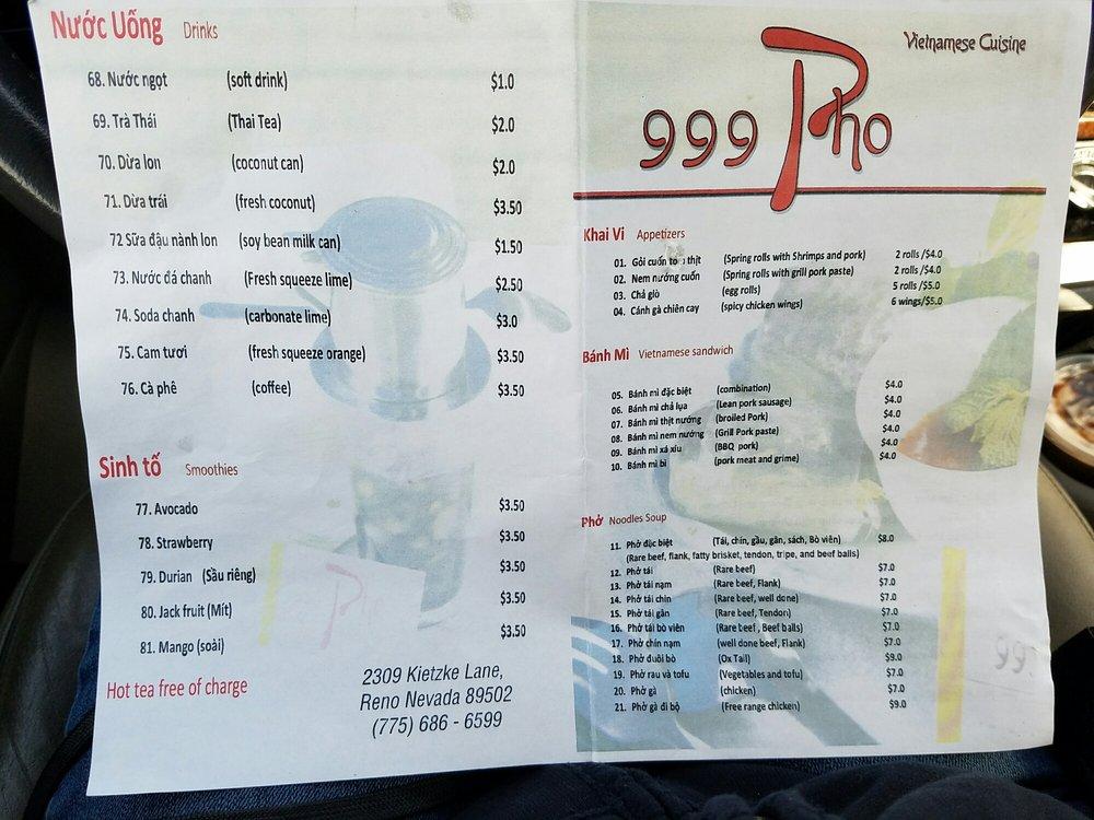Menu at 999 Phở restaurant, Reno, Kietzke Ln