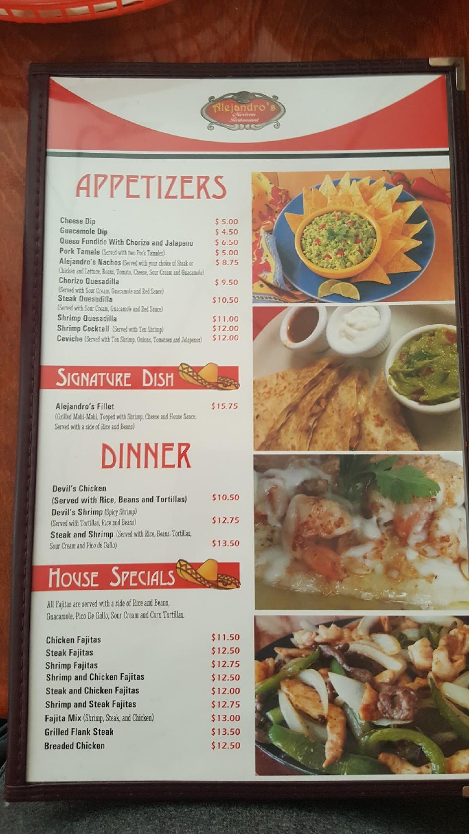 Menu at Alejandro's restaurant, Brooksville