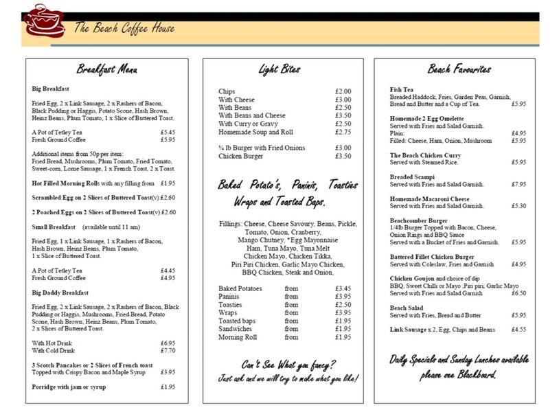 Menu at Beach Coffee House, Leven