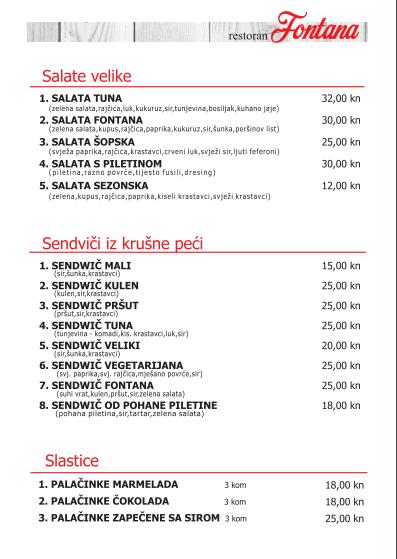 Menu at Fontana restaurant, Belišće