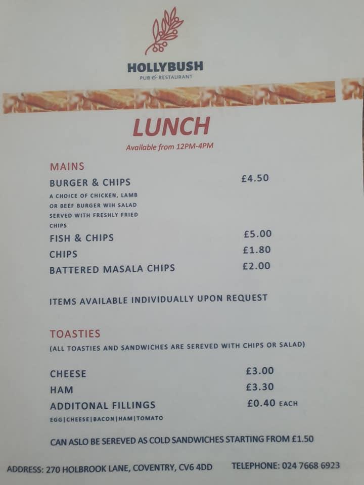 Menu at Hollybush pub & bar, Coventry, 270 Holbrook Ln