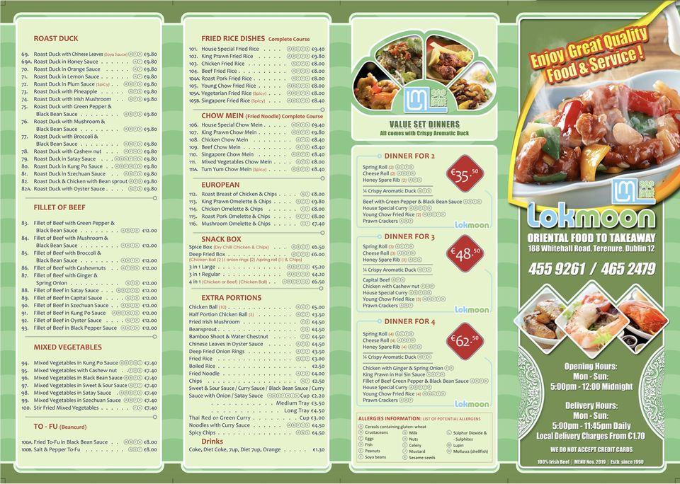 Menu at Lok Moon restaurant, Dublin