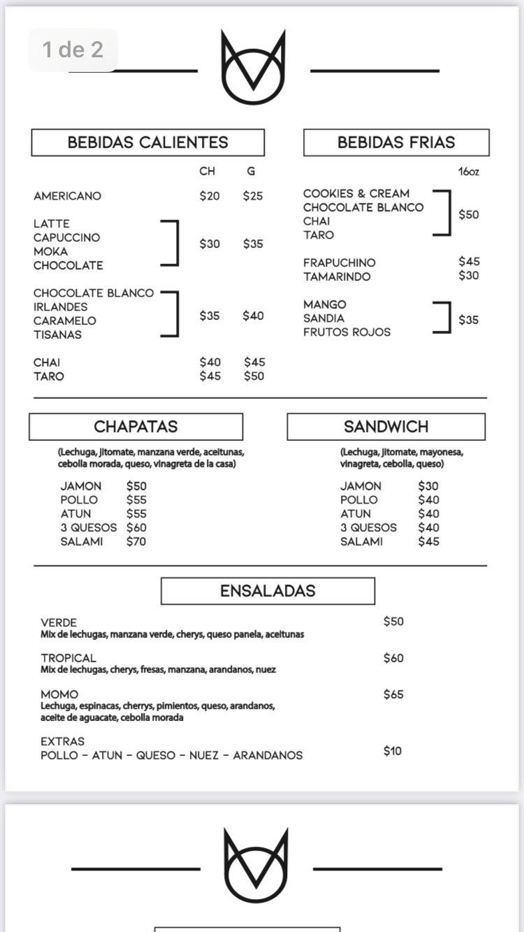 Menu at Momo Café, Mexico, Faisanes Mz.9 Lt.42-C-B