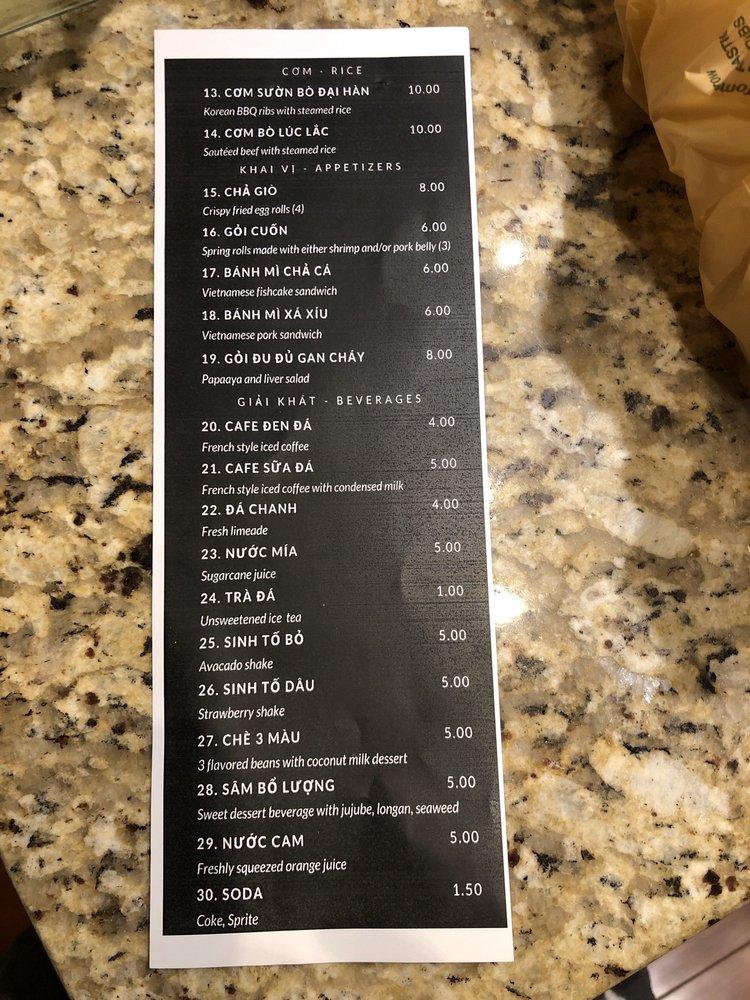 Menu at Phở Lee's Vietnamese Restaurant, Cleveland