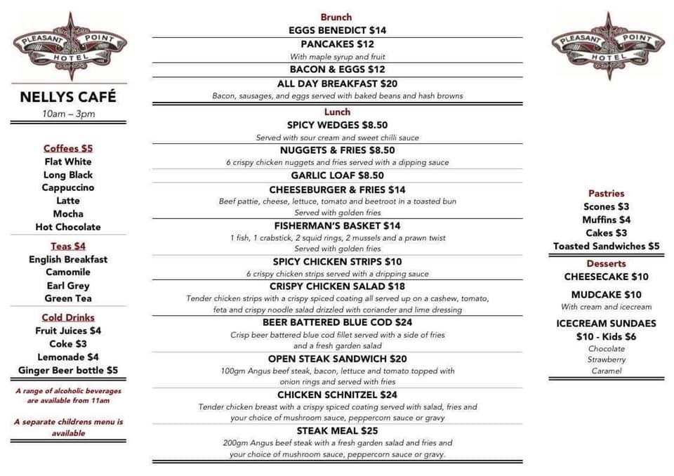Menu at Pleasant Point Hotel pub & bar, Pleasant Point