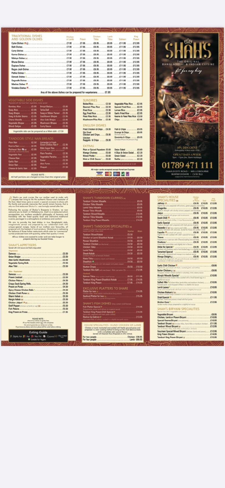 Menu at Shah's restaurant, Wellesbourne