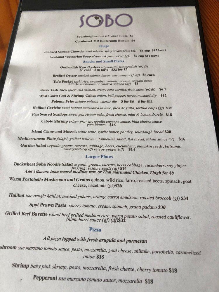 Carta de SoBo Restaurant, Tofino