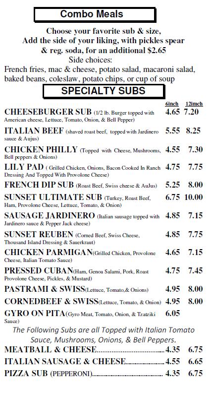Menu at Sunset Subs restaurant, Clearwater, US Hwy 19 N