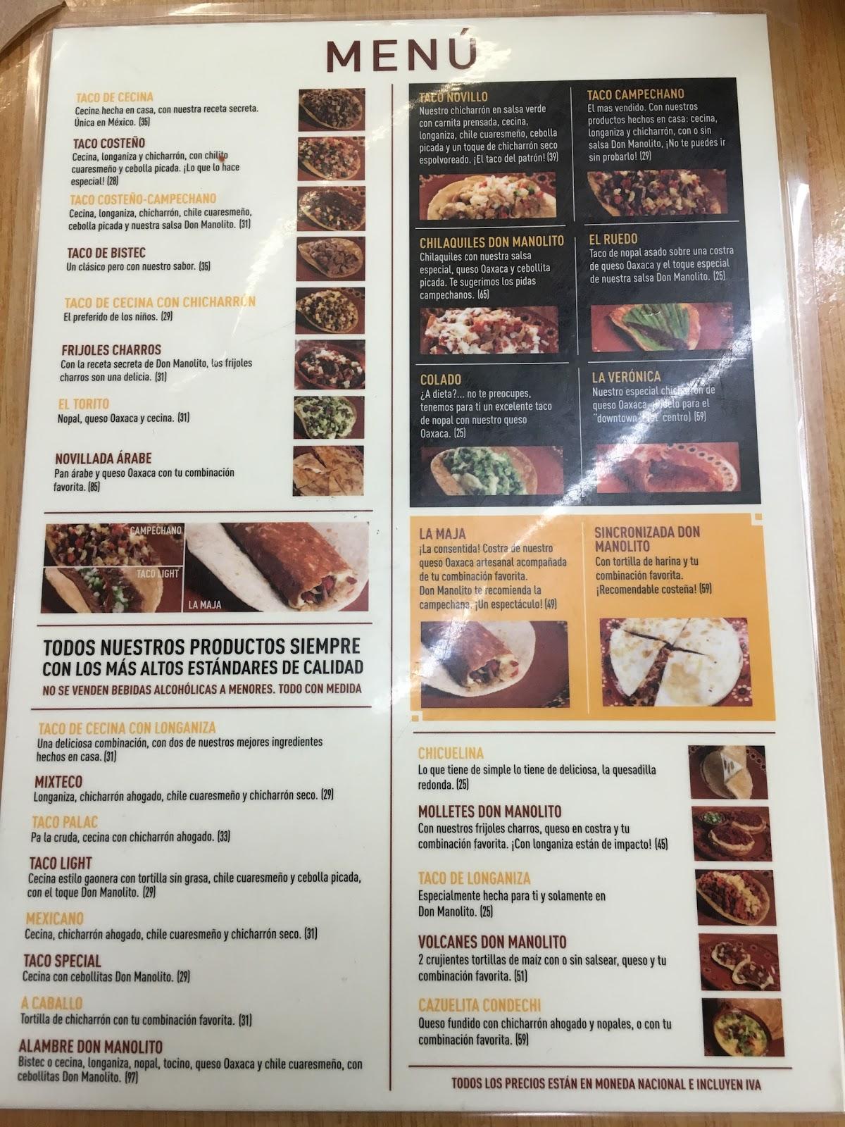 Carta del restaurante Tacos Don Manolito Satélite, Naucalpan del Juárez ...