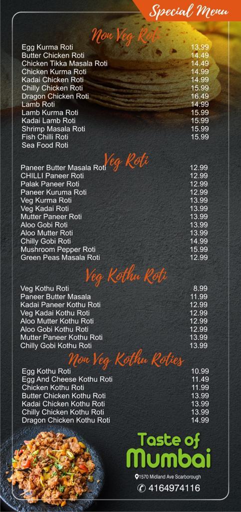 Menu at Taste of mumbai restaurant, Toronto