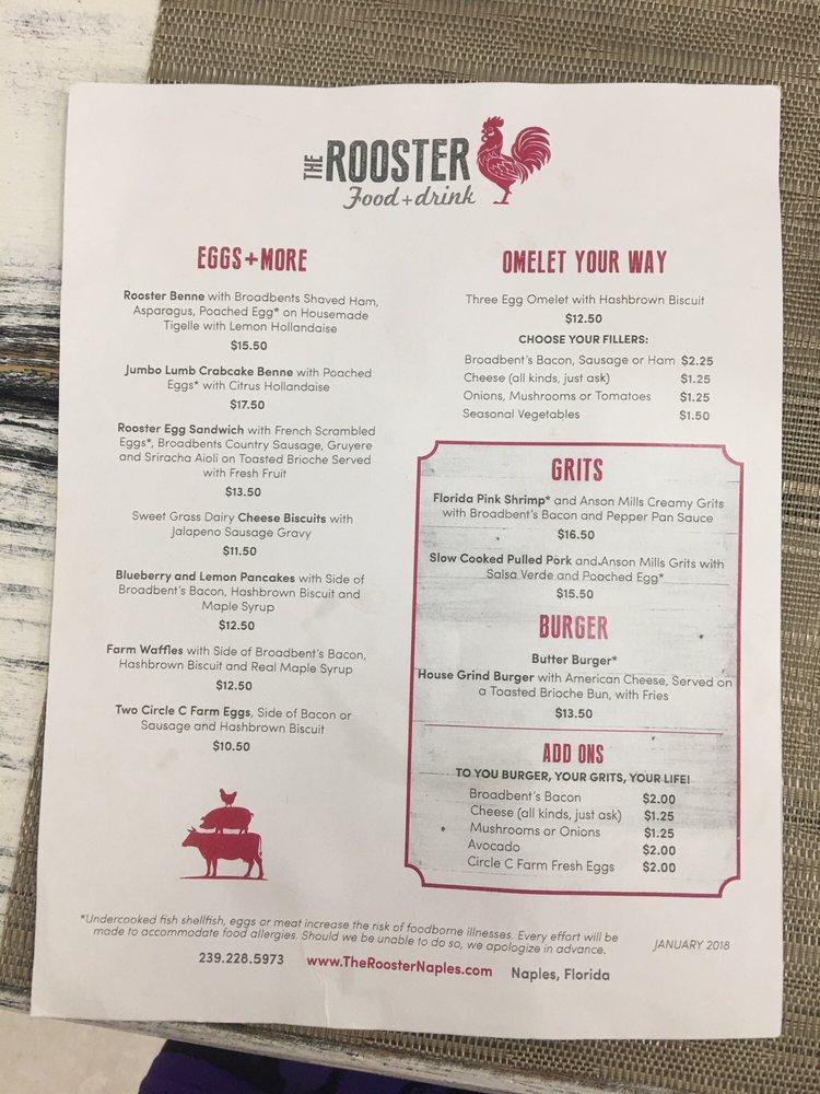 Menu at The Rooster Food+Drink restaurant, Naples