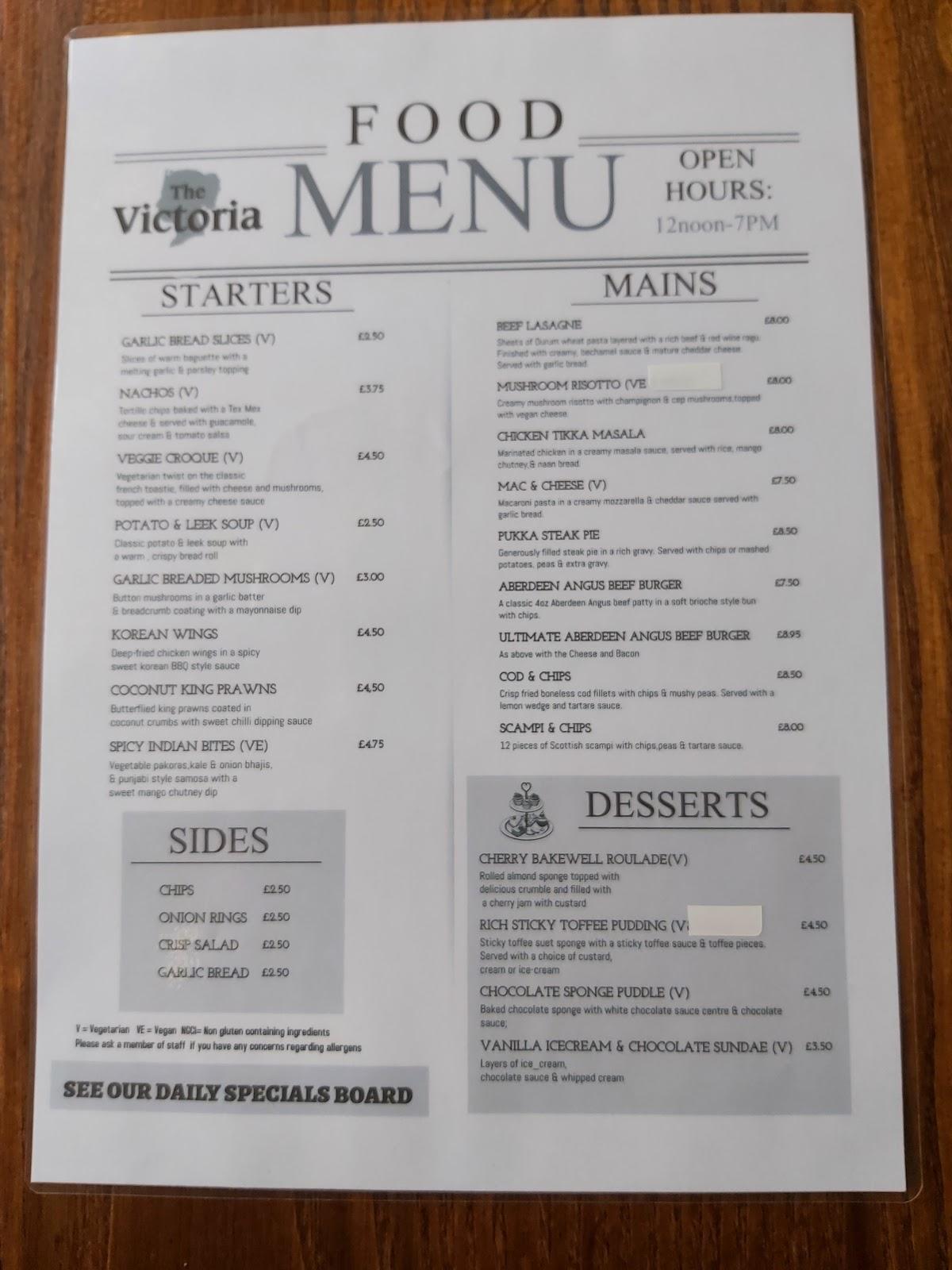 Menu at The Victoria Pub, Restaurant & Guest House, Hornsea, Hornsea