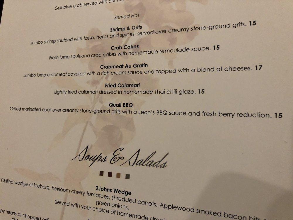 Menu at 2Johns Steak & Seafood pub & bar, Bossier City