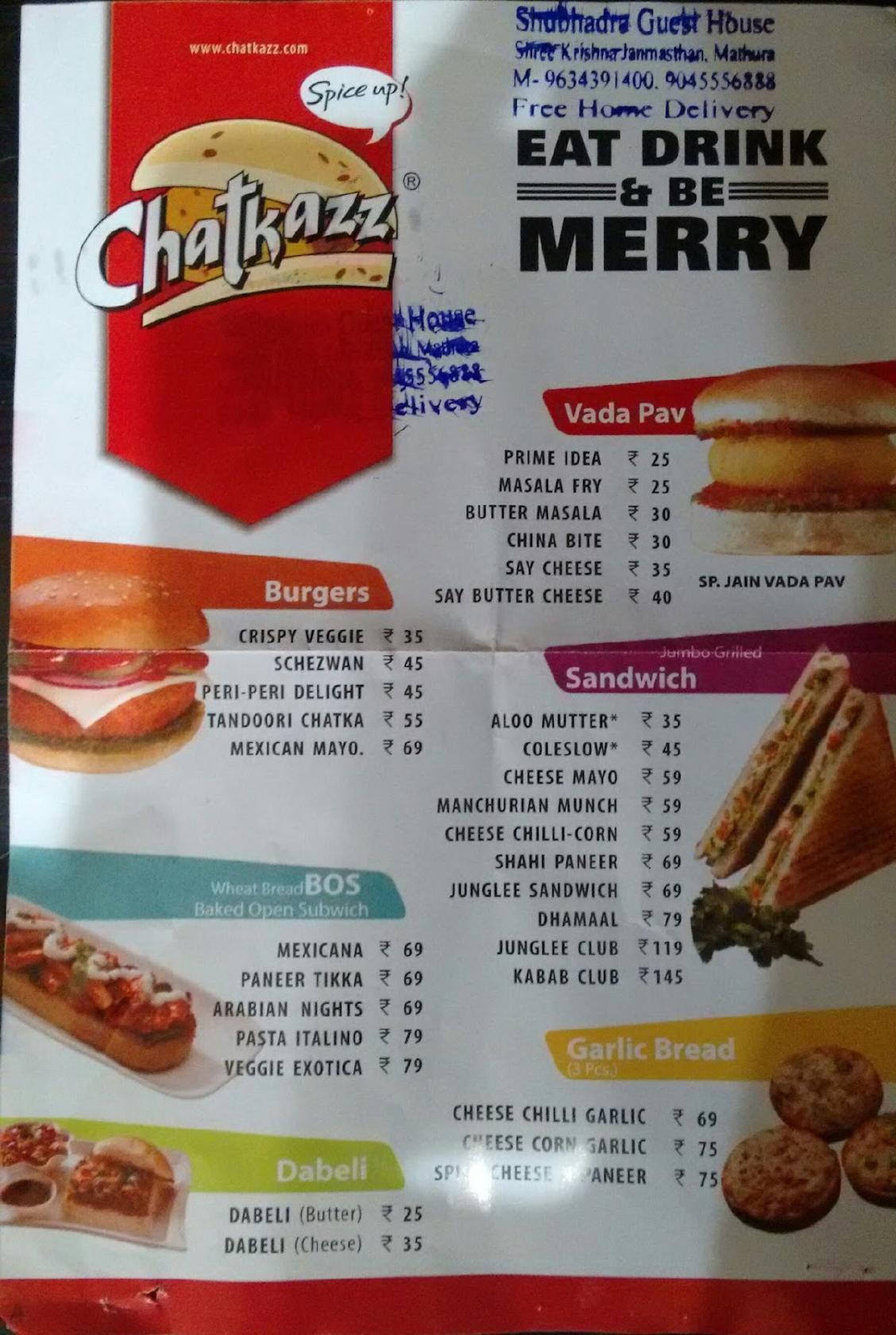 Menu at Chatkazz, Mathura