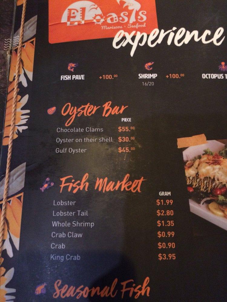 Menu at El Oasis restaurant, Playa del Carmen, Calle 12 Nte 251