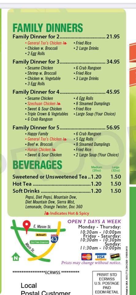 Menu at Green Tea Chinese Drive Thru restaurant, Green Bay, E Mason St