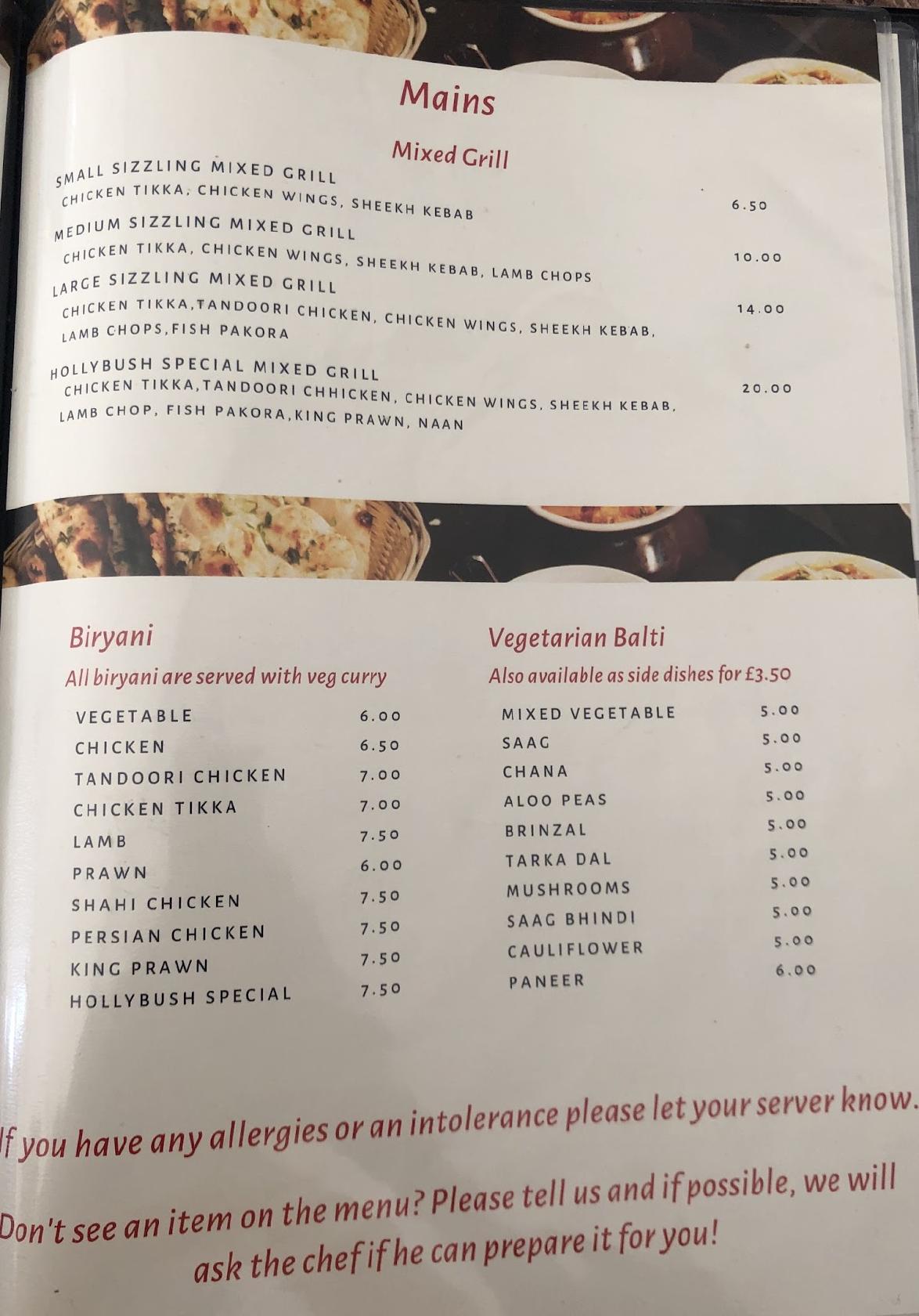 Menu at Hollybush pub & bar, Coventry, 270 Holbrook Ln