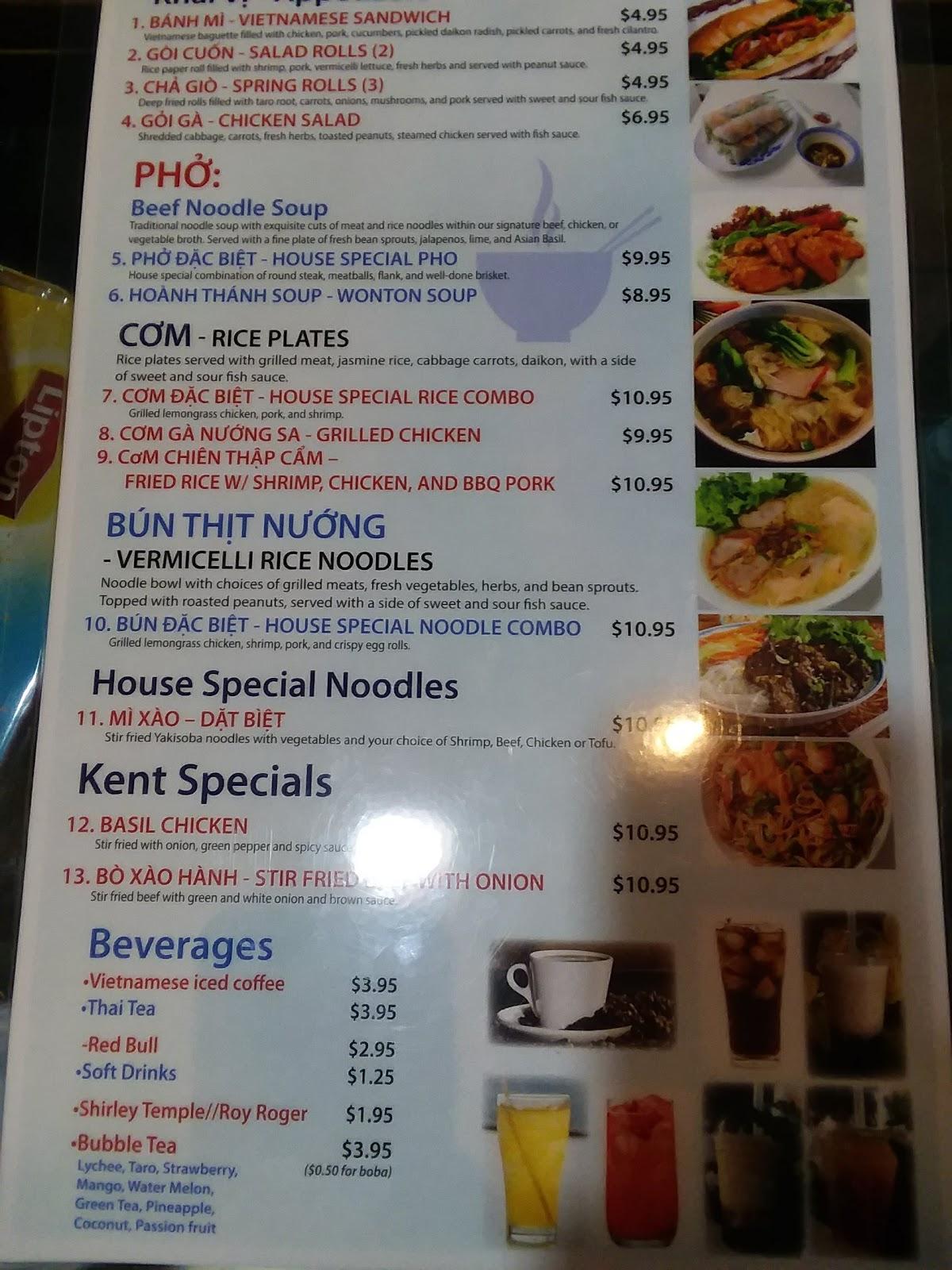 Menu at Kent Phó Vietnamese Restaurant, Oregon City