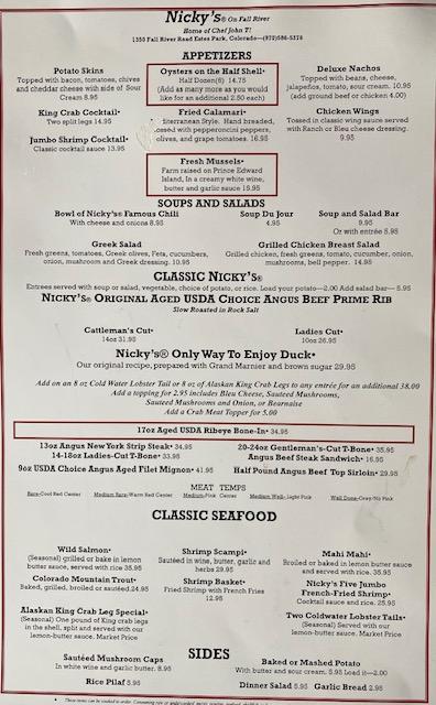 Menu at Nicky's Steakhouse Restaurant, Estes Park, Fall River Rd