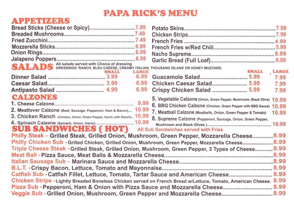 Menu at Papa Rick's Pizza pizzeria, Aurora, S Parker Rd