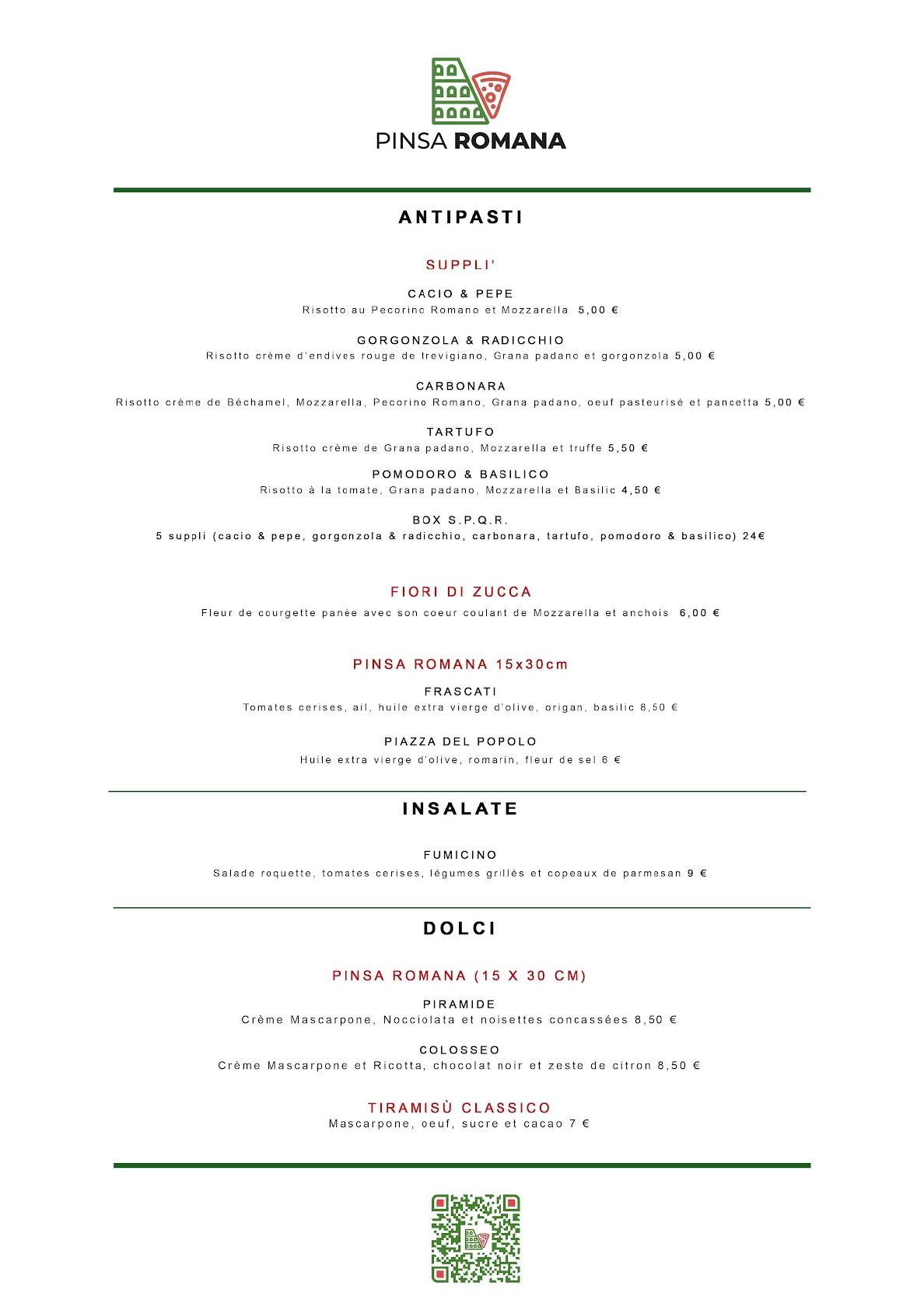 Carta del restaurante Pinsa Romana, Paris, 53 Rue Jean-Pierre Timbaud
