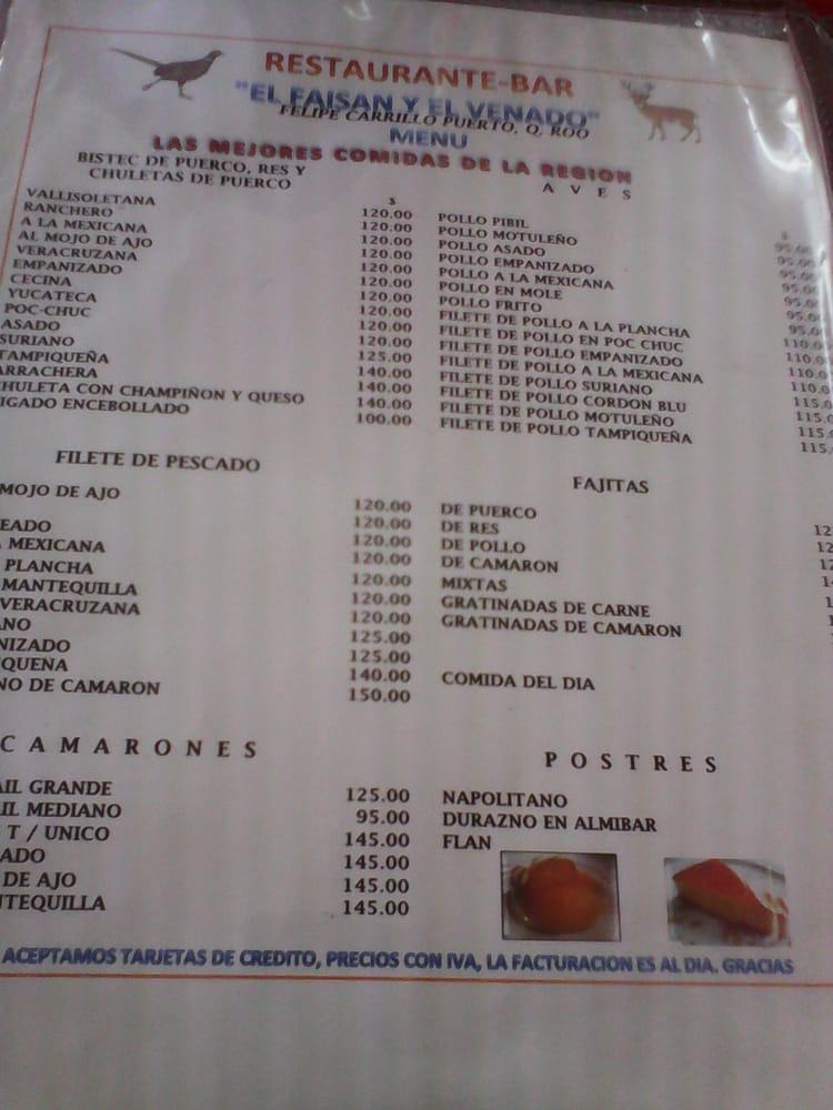 Menu at Restaurante El Faisan Y El Venado, Felipe Carrillo Puerto, Av ...