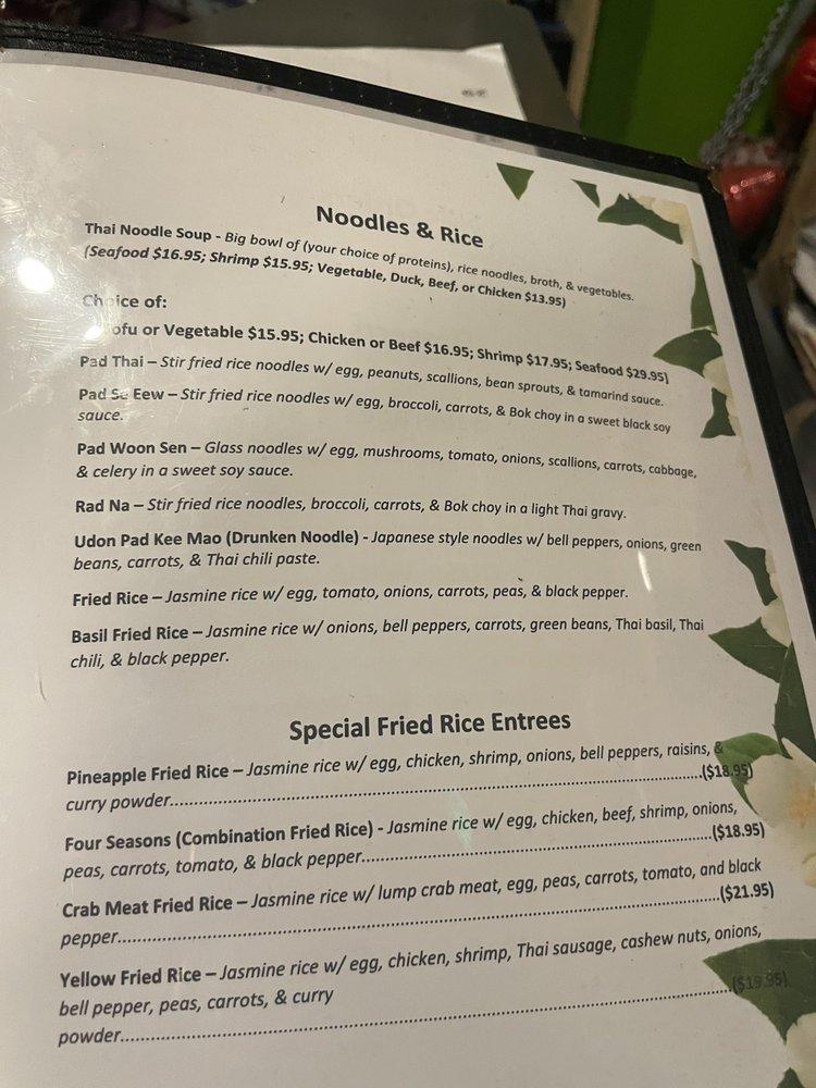 Menu at Thai Place restaurant, Tallahassee