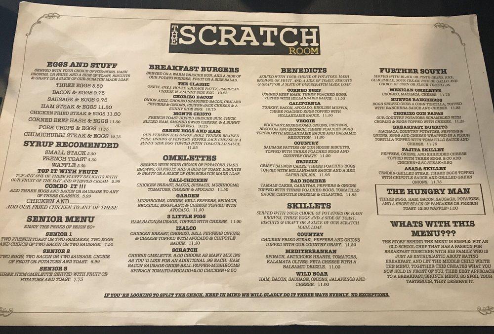 Menu at The Scratch Room restaurant, Anaheim