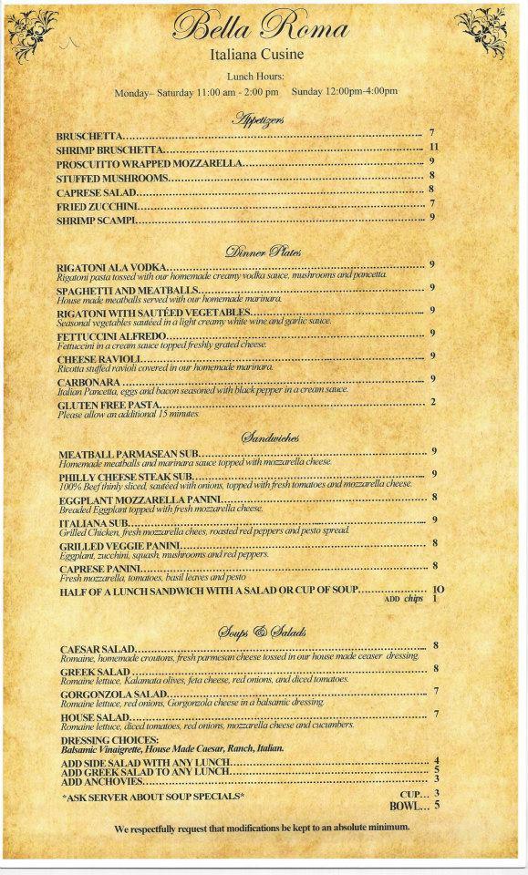 Menu at Bella Roma restaurant, New Albany