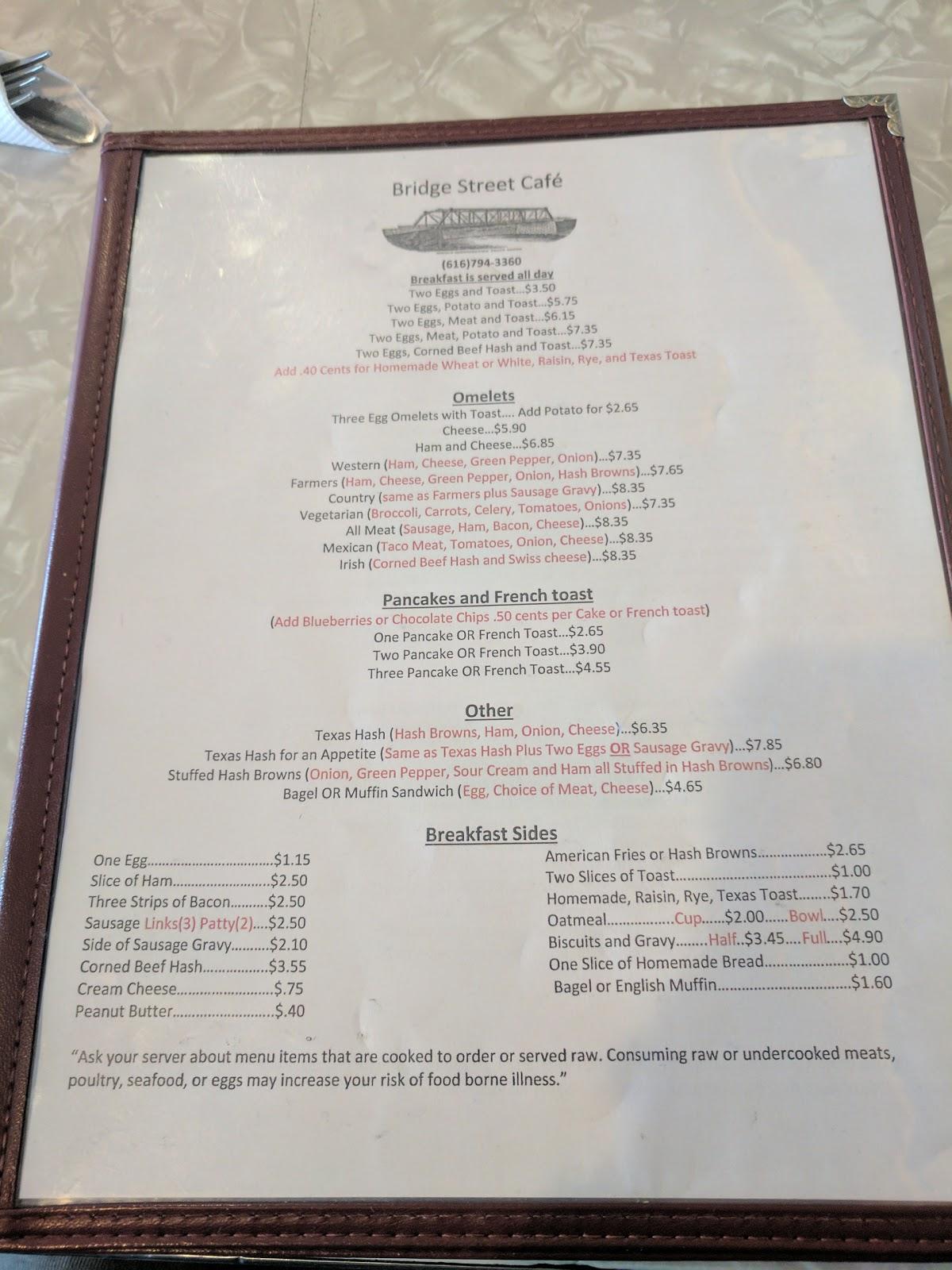 Menu at Bridge Street Cafe, Belding