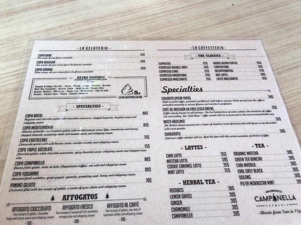 Menu at Campanella Cremerie cafe, Tulum, Av. Tulum