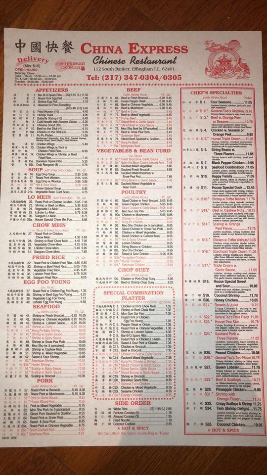 Menu at China Express restaurant, Effingham
