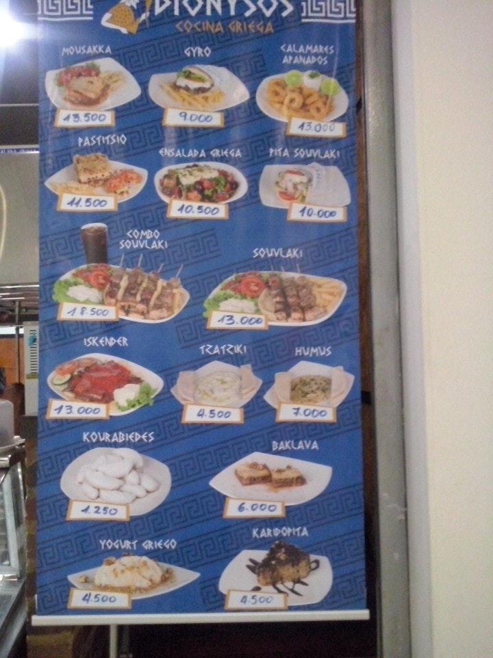 Carta del restaurante Dionysos Cocina Griega, Cali