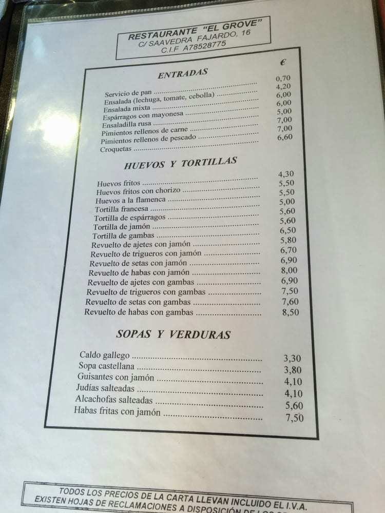 Carta de Restaurante El Grove, Madrid