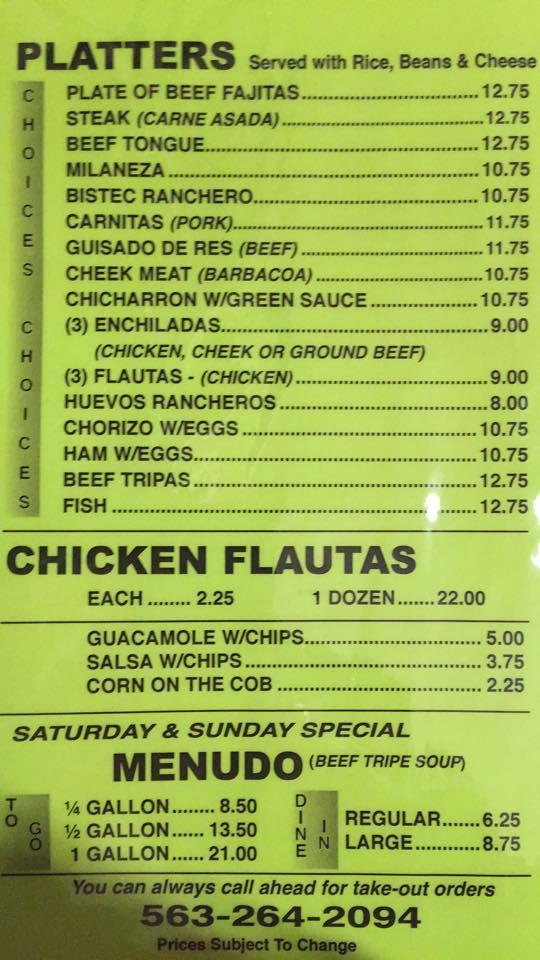 Menu at El Olmito Mexican Grocery restaurant, Muscatine