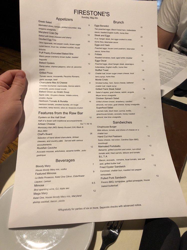 Menu at Firestone's Culinary Tavern pub & bar, Frederick