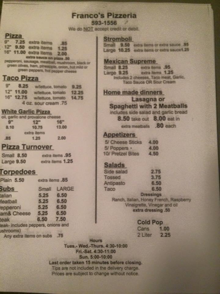 Menu at Franco's Pizzeria, Conneaut, 570 State St