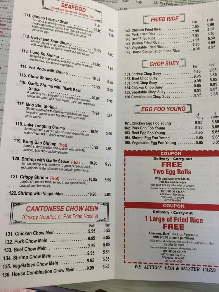 Menu at House of Chan restaurant, Wilmette, 627 Green Bay Rd